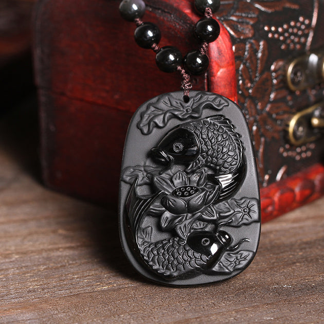 Buddha Stones Natural Black Obsidian Koi Fish Lotus Strength Beaded Ne ...