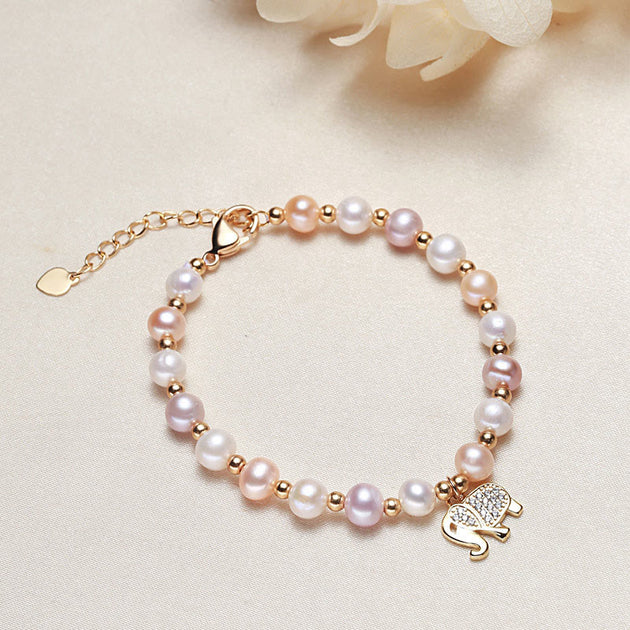 Buddha Stones 18K Gold Plated Pearl Elephant Zircon Charm Sincerity Br ...
