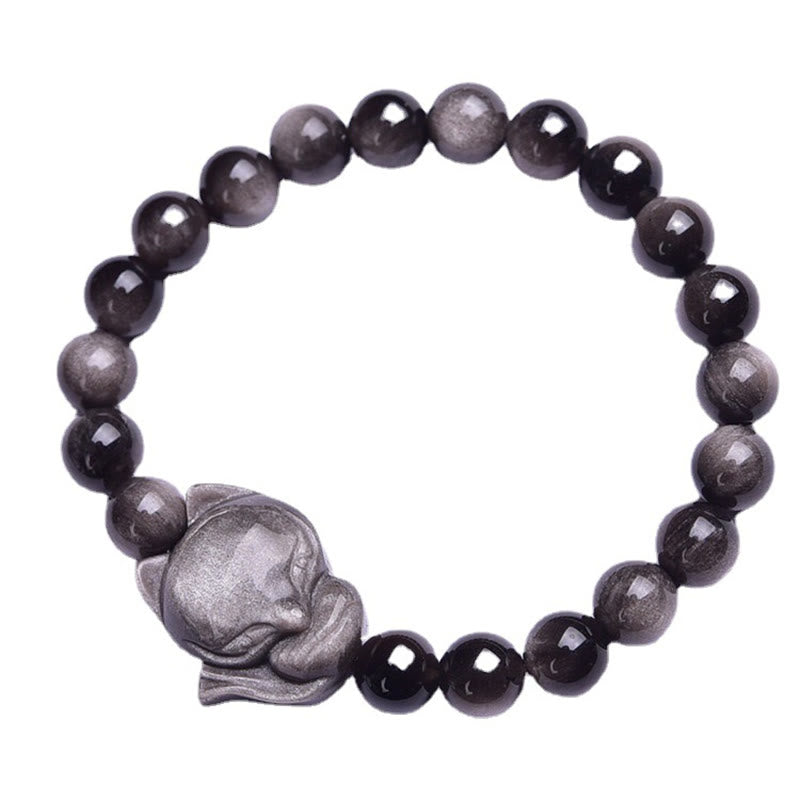 Buddha Stones Natural Silver Sheen Obsidian Fox Protection Bracelet ...