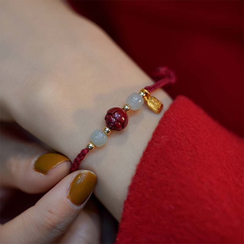 Buddha Stones Cinnabar Jade Lotus Calm Red String Weave Bracelet ...