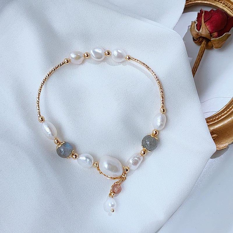 Buddha Stones Pearl Moonstone Strawberry Quartz Bead Optimism Bracelet ...