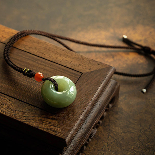 Buddha Stones Natural Round Jade Gray Jade Peace Buckle Luck Necklace ...