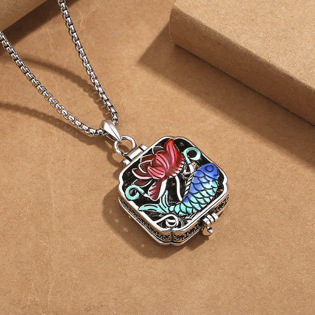 Buddha Stones Koi Fish Lotus Copper Coins Luck Ghau Prayer Box Necklac ...