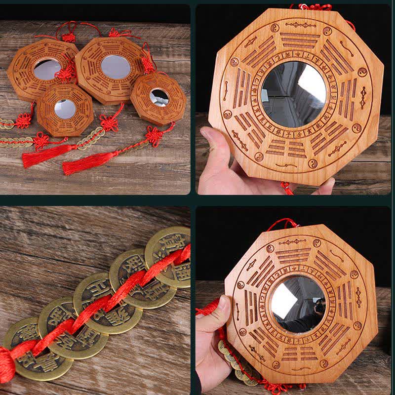 Feng Shui Bagua Map Peach Wood Five-Emperor Coins Chinese Knotting Bal ...