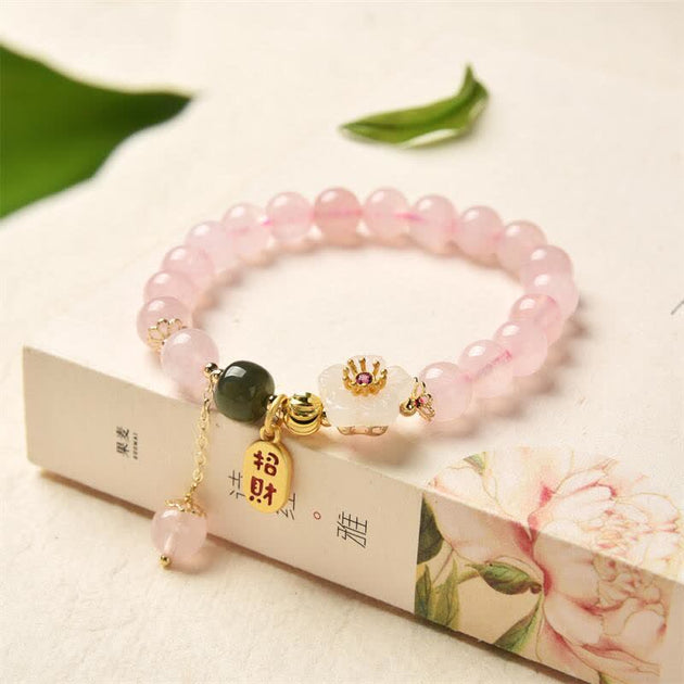 Buddha Stones Natural Pink Crystal Jade Flower Warm Love Bracelet ...