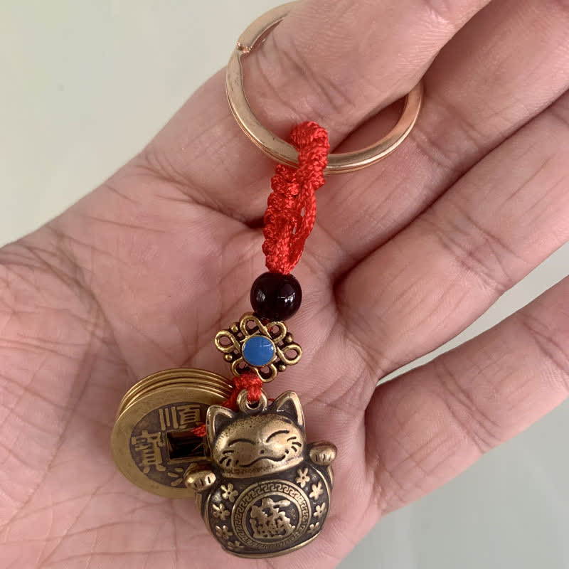 Buddha Stones Feng Shui Five Emperor Coins Lucky Cat Money Wealth Keyc ...