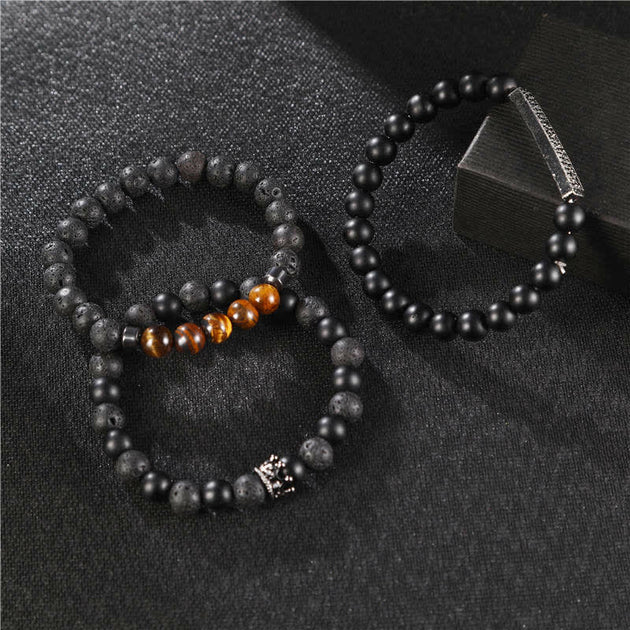 Buddha Stones 3Pcs Frosted Stone Lava Rock Tiger Eye Activate Bracelet ...
