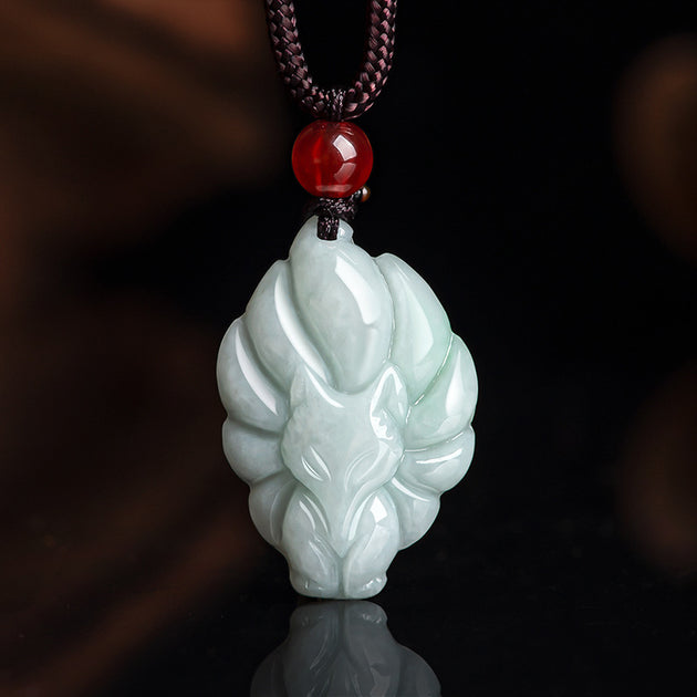Buddha Stones Natural Jade Nine Tailed Fox Luck Prosperity Necklace Pe ...