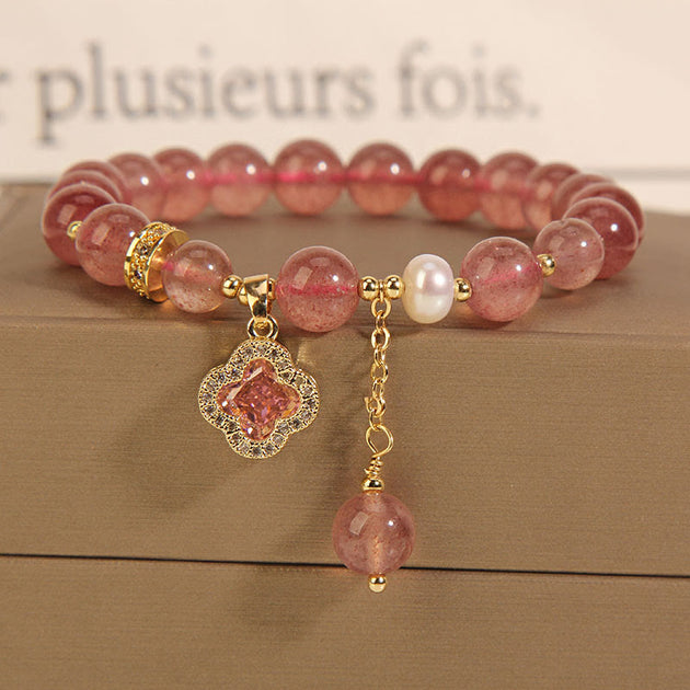 Buddha Stones Strawberry Quartz Pearl Four Leaf Clover Charm Healing B – buddhastoneshop