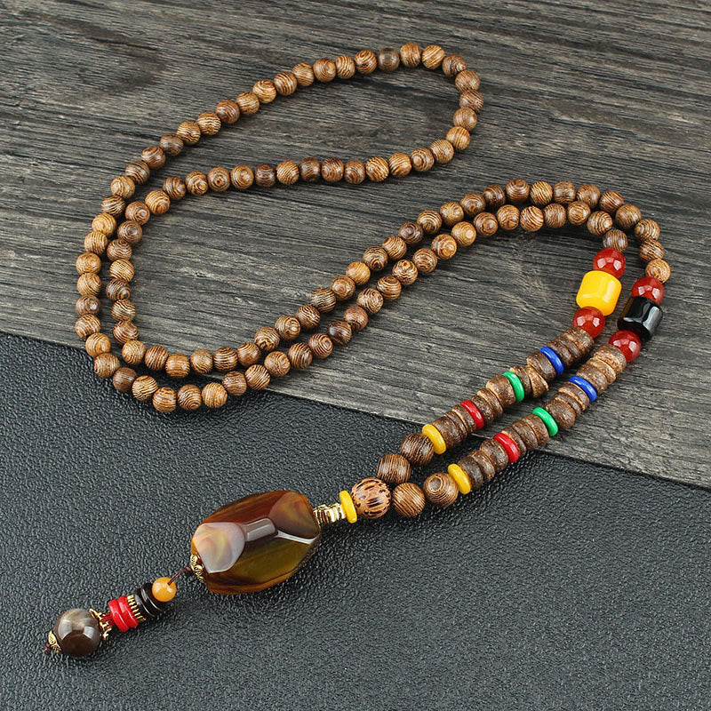 Buddha Stones Tibetan Wenge Wood Bodhi Seed Agate Balance Peace Neckla ...