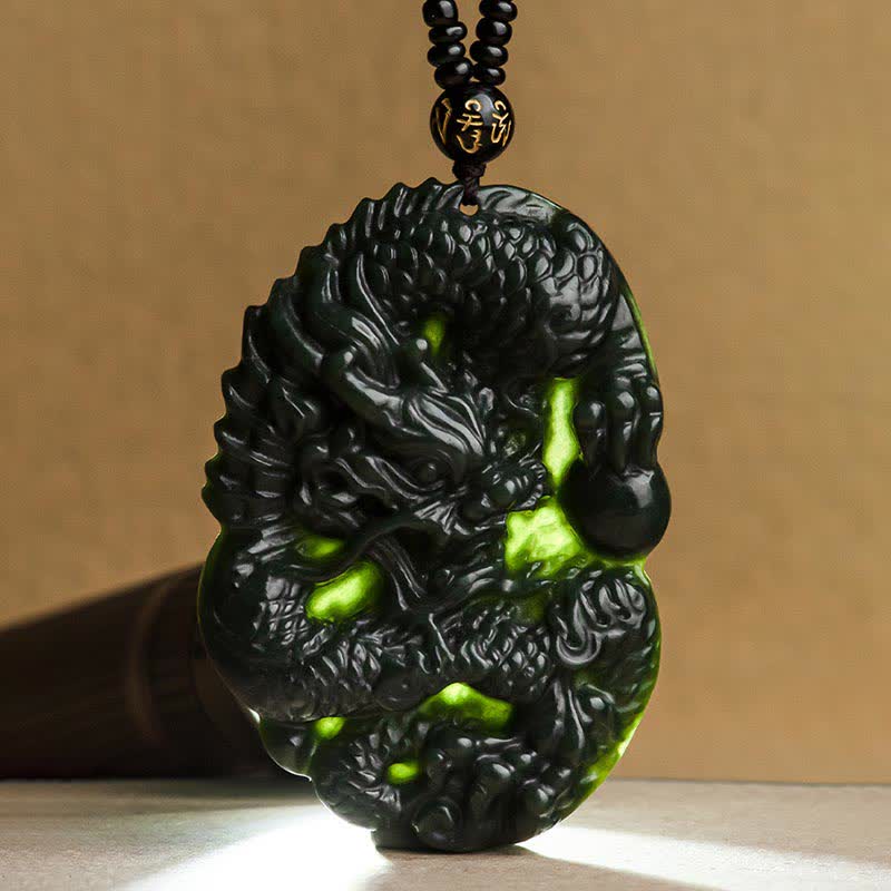 Buddha Stones Hetian Cyan Jade Dragon Success Harmony Necklace Beaded ...