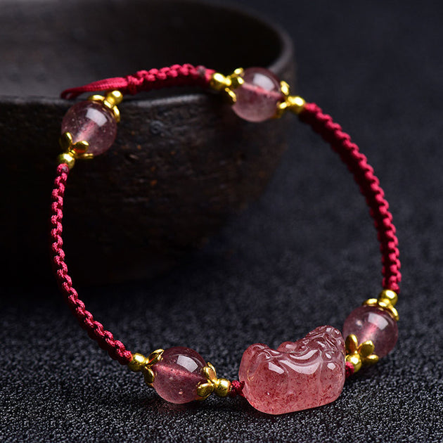 Buddha Stones Natural Strawberry Crystal Pixiu Charm Lucky Red String ...