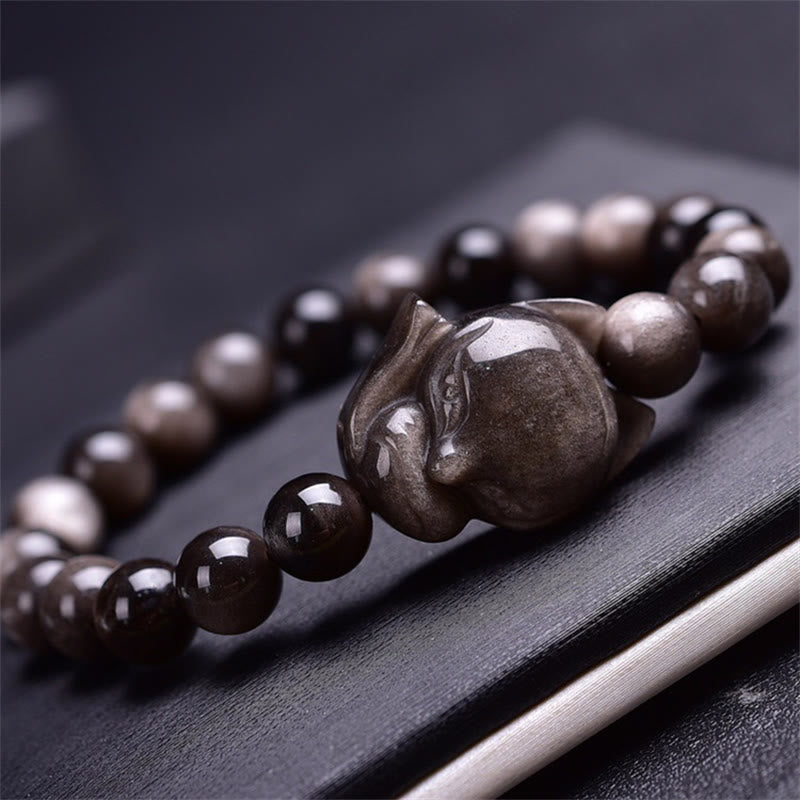 Buddha Stones Natural Silver Sheen Obsidian Fox Protection Bracelet ...