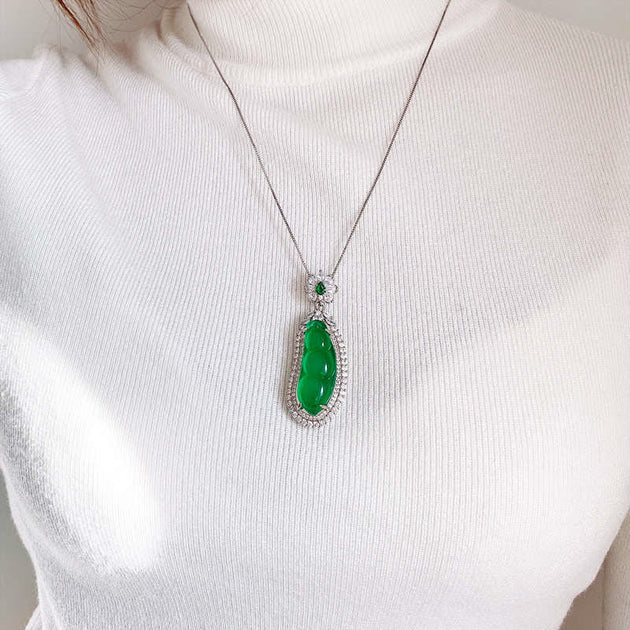 Buddha Stones Fortune Bean Cyan Jade Luck Necklace Pendant ...