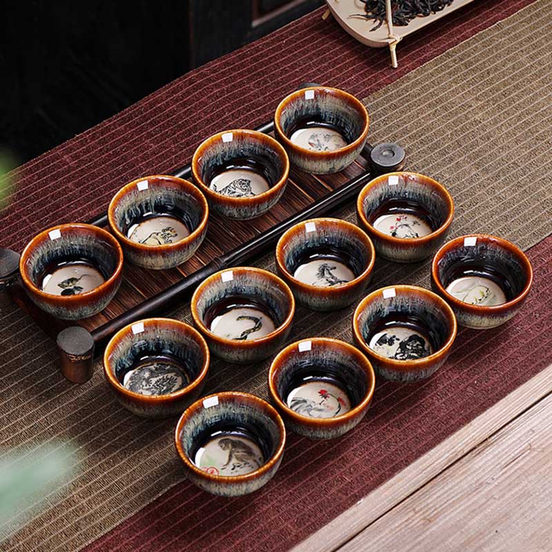 Buddha Stones 12 Chinese Zodiac Pattern Ceramic Teacup Kung Fu Jian Ch ...