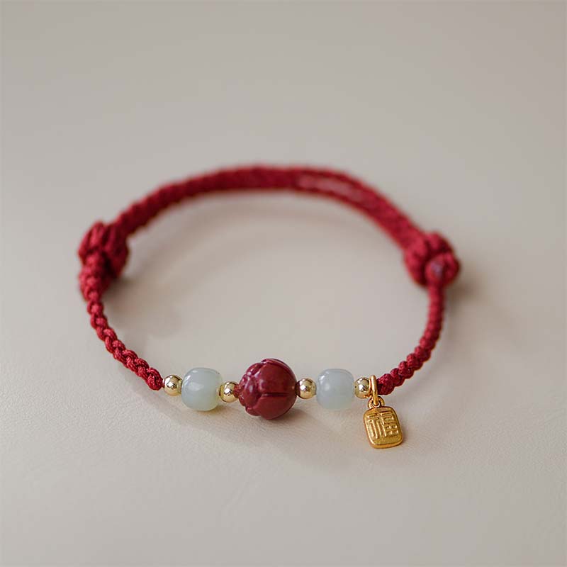 Buddha Stones Cinnabar Jade Lotus Calm Red String Weave Bracelet ...