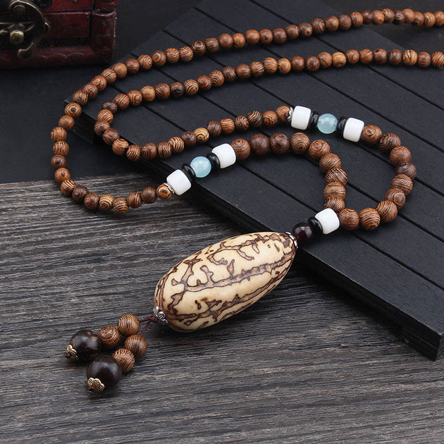Buddha Stones Tibetan Wenge Wood Bodhi Seed Agate Balance Peace Neckla ...