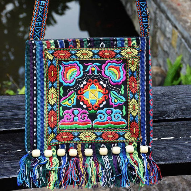 Buddha Stones Tibetan Handmade Embroidered Camellia Canvas Shoulder Ba ...