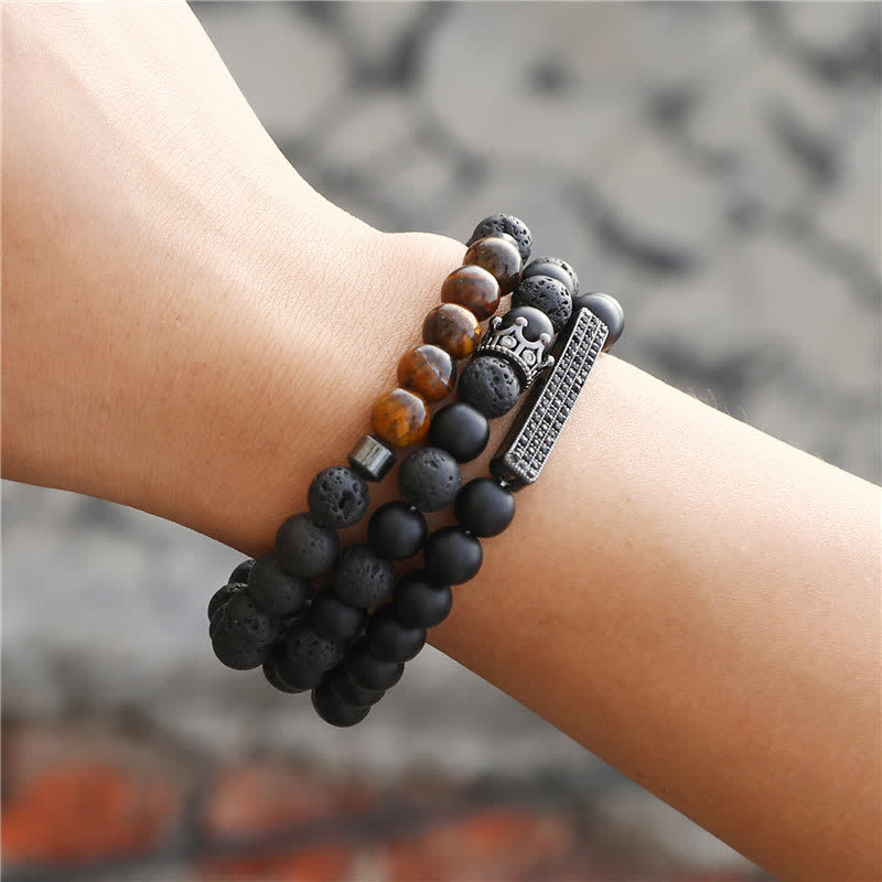 Buddha Stones 3Pcs Frosted Stone Lava Rock Tiger Eye Activate Bracelet ...