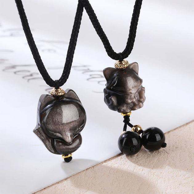 Buddha Stones Natural Silver Sheen Obsidian Nine Tailed Fox Protection ...